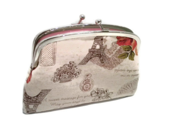 Large French Vintage Style Linen Coin Purse With 2 Compartments, Eiffel ...