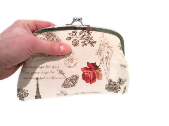 Large French Vintage Style Linen Coin Purse With 2 Compartments, Eiffel ...
