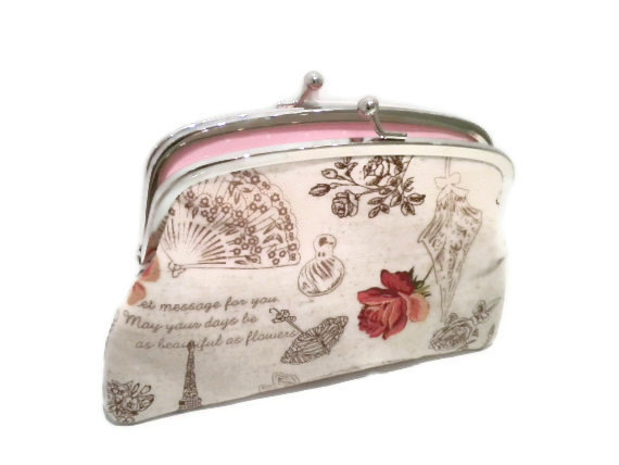Large French Vintage Style Linen Coin Purse With 2 Compartments, Eiffel ...