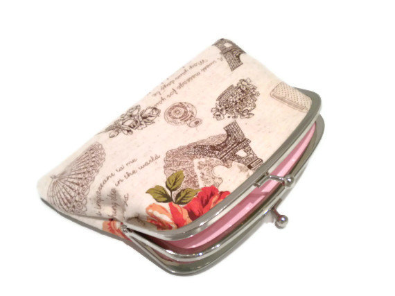 Large French Vintage Style Linen Coin Purse With 2 Compartments, Eiffel ...
