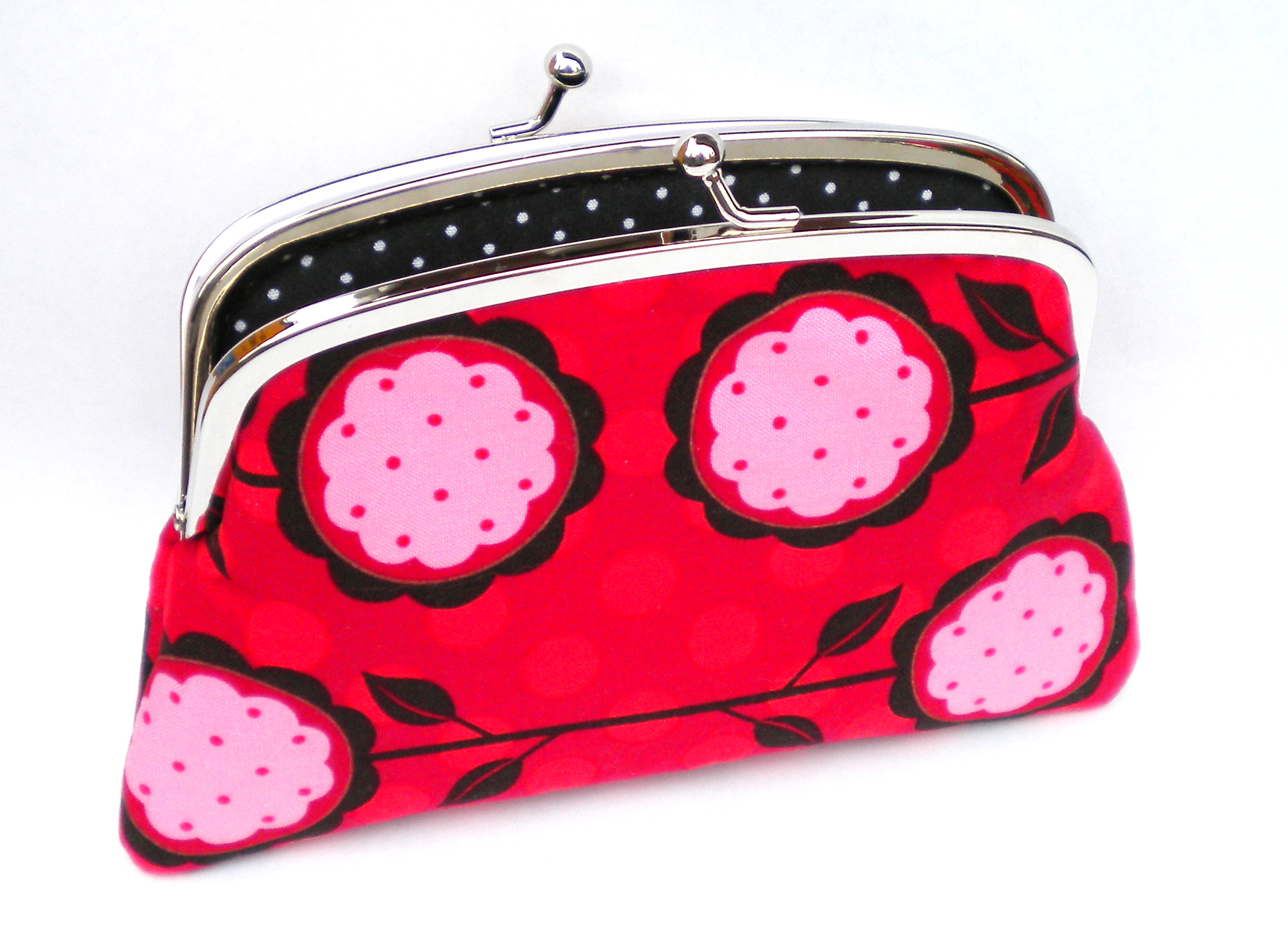 Coin Purse Wallet With Double Frame Snap Lock - Red Flowers And Polka ...